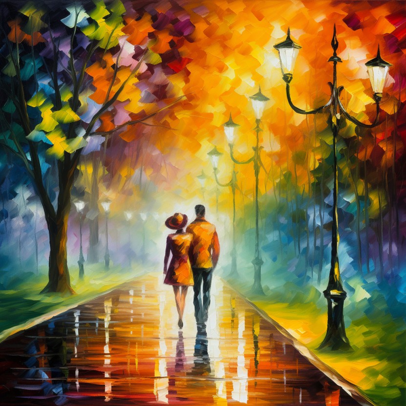 Liefdeswandeling bij Schemerlicht: Romantiek en Natuur | Kunst voor in huis